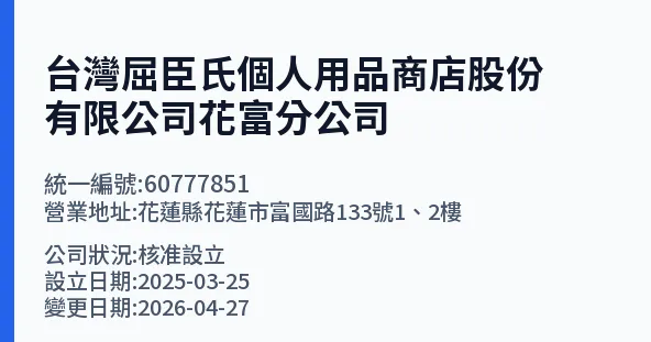 台灣屈臣氏個人用品商店股份有限公司花富分公司的照片-統編 60777851(花蓮縣) 公司登記資料與營業項目詳細圖表