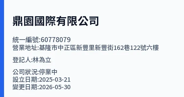 鼎園國際有限公司的照片-統編 60778079(基隆市) 公司登記資料與營業項目詳細圖表