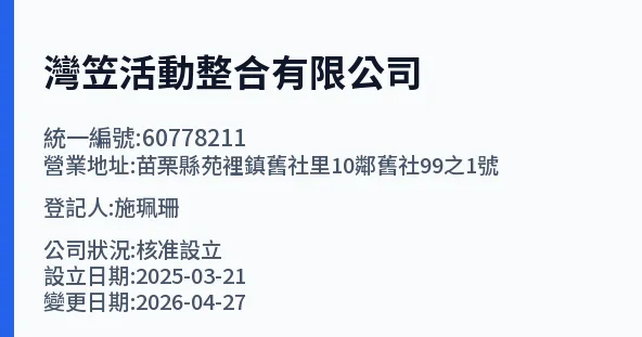 灣笠活動整合有限公司的照片-統編 60778211(苗栗縣) 公司登記資料與營業項目詳細圖表