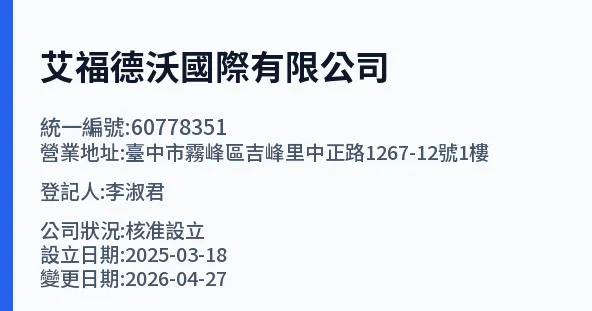 艾福德沃國際有限公司的照片-統編 60778351(臺中市) 公司登記資料與營業項目詳細圖表