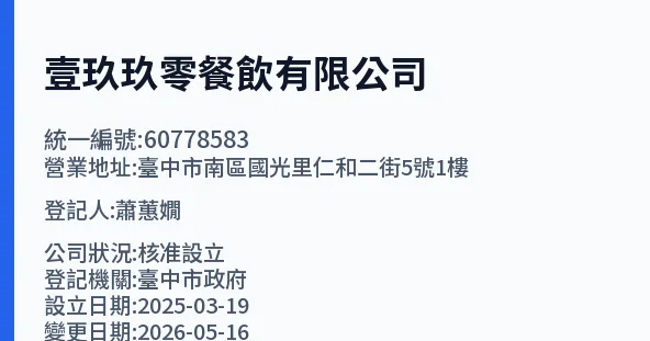 壹玖玖零餐飲有限公司的照片-統編 60778583(臺中市) 公司登記資料與營業項目詳細圖表