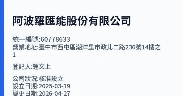 阿波羅匯能股份有限公司的照片-統編 60778633(臺中市) 公司登記資料與營業項目詳細圖表