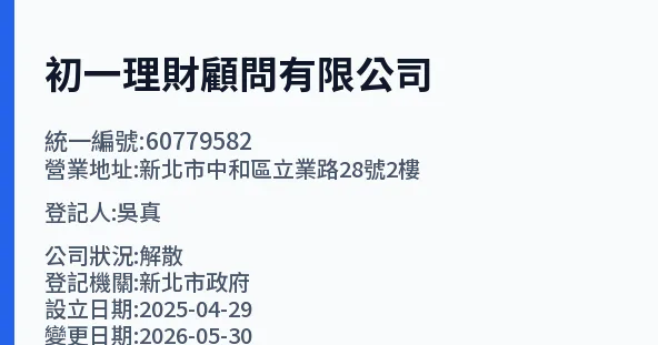 初一理財顧問有限公司的照片-統編 60779582(新北市) 公司登記資料與營業項目詳細圖表