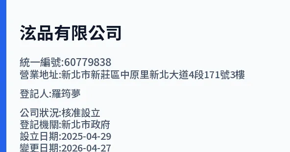 泫品有限公司的照片-統編 60779838(新北市) 公司登記資料與營業項目詳細圖表