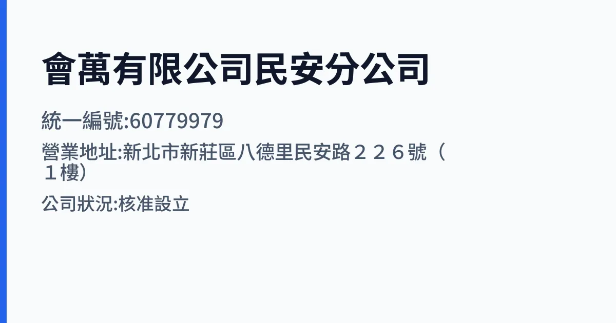 會萬有限公司民安分公司 - 統編 60779979(新北市) 公司登記資料與營業項目詳細圖表
