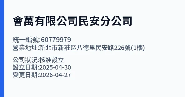 會萬有限公司民安分公司的照片-統編 60779979(新北市) 公司登記資料與營業項目詳細圖表