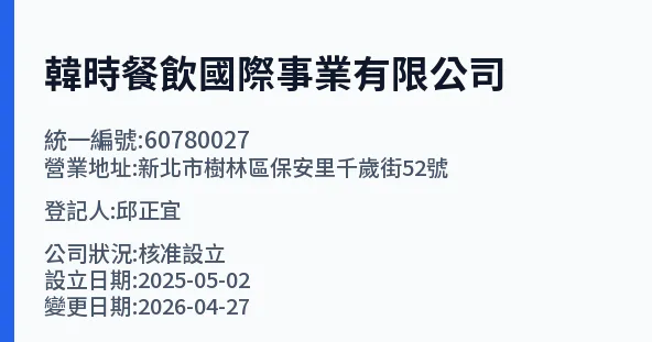 韓時餐飲國際事業有限公司的照片-統編 60780027(新北市) 公司登記資料與營業項目詳細圖表