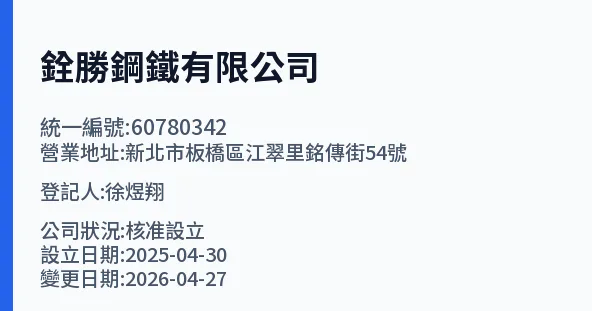 銓勝鋼鐵有限公司的照片-統編 60780342(新北市) 公司登記資料與營業項目詳細圖表