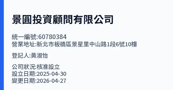 景圓投資顧問有限公司的照片-統編 60780384(新北市) 公司登記資料與營業項目詳細圖表