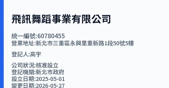 飛訊舞蹈事業有限公司的照片-統編 60780455(新北市) 公司登記資料與營業項目詳細圖表