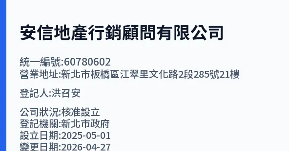 安信地產行銷顧問有限公司的照片-統編 60780602(新北市) 公司登記資料與營業項目詳細圖表