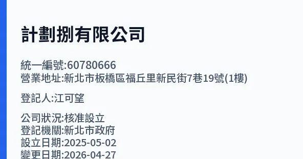 計劃捌有限公司的照片-統編 60780666(新北市) 公司登記資料與營業項目詳細圖表