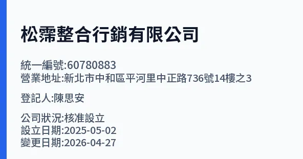 松霈整合行銷有限公司的照片-統編 60780883(新北市) 公司登記資料與營業項目詳細圖表