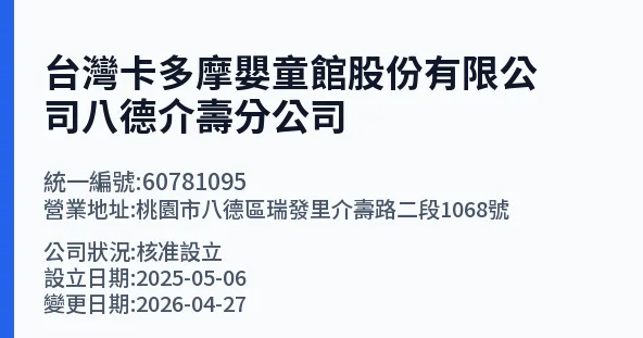 台灣卡多摩嬰童館股份有限公司八德介壽分公司的照片-統編 60781095(桃園市) 公司登記資料與營業項目詳細圖表