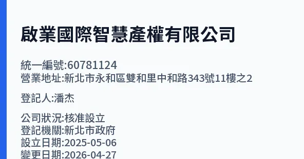 啟業國際智慧產權有限公司的照片-統編 60781124(新北市) 公司登記資料與營業項目詳細圖表