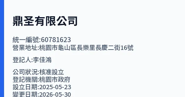鼎圣有限公司的照片-統編 60781623(桃園市) 公司登記資料與營業項目詳細圖表