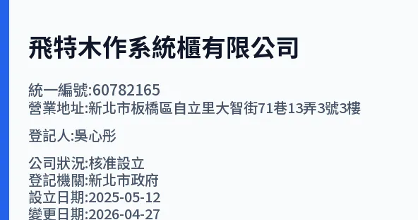 飛特木作系統櫃有限公司的照片-統編 60782165(新北市) 公司登記資料與營業項目詳細圖表