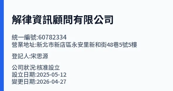解律資訊顧問有限公司的照片-統編 60782334(新北市) 公司登記資料與營業項目詳細圖表