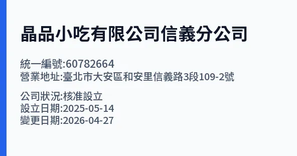 晶品小吃有限公司信義分公司的照片-統編 60782664(臺北市) 公司登記資料與營業項目詳細圖表