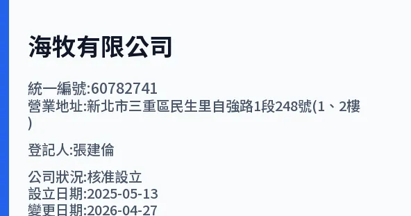 海牧有限公司的照片-統編 60782741(新北市) 公司登記資料與營業項目詳細圖表