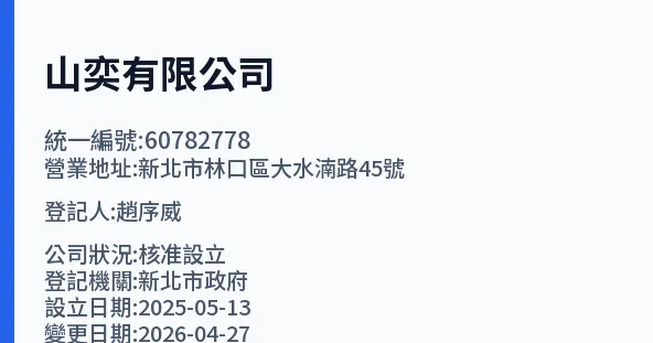 山奕有限公司的照片-統編 60782778(新北市) 公司登記資料與營業項目詳細圖表