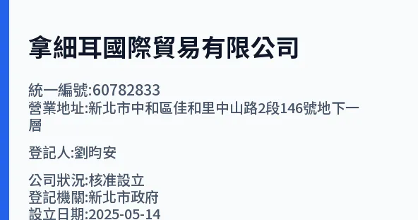拿細耳國際貿易有限公司的照片-統編 60782833(新北市) 公司登記資料與營業項目詳細圖表