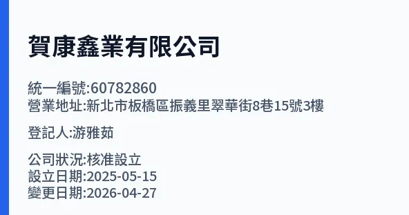 賀康鑫業有限公司的照片-統編 60782860(新北市) 公司登記資料與營業項目詳細圖表