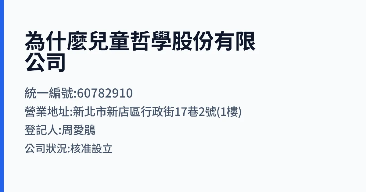 為什麼兒童哲學股份有限公司 - 統編 60782910(新北市) 公司登記資料與營業項目詳細圖表