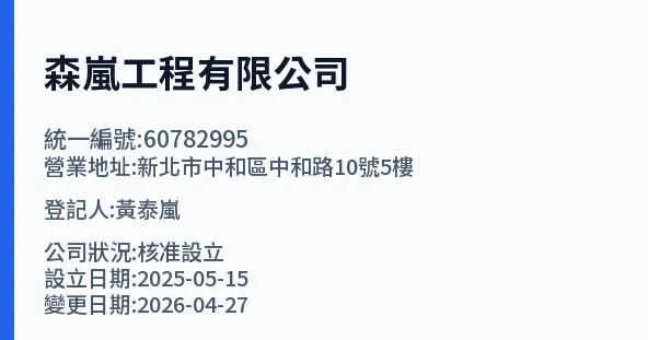 森嵐工程有限公司的照片-統編 60782995(新北市) 公司登記資料與營業項目詳細圖表