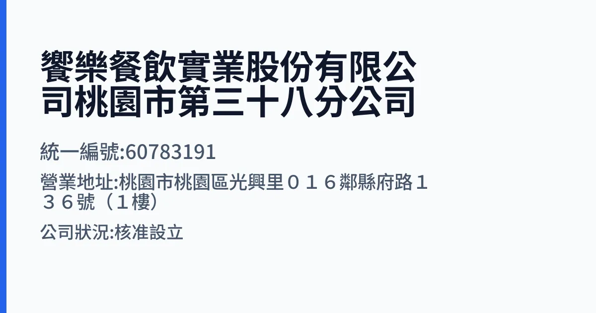 饗樂餐飲實業股份有限公司桃園市第三十八分公司 - 統編 60783191(桃園市) 公司登記資料與營業項目詳細圖表