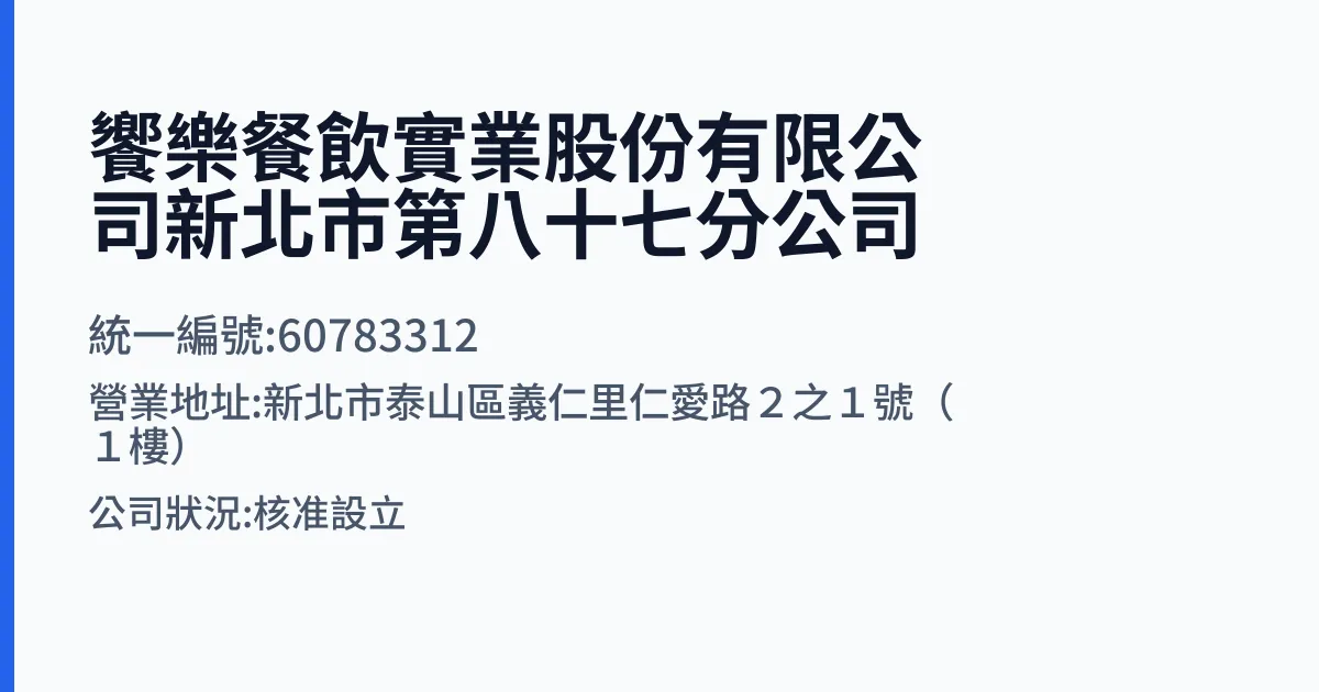 饗樂餐飲實業股份有限公司新北市第八十七分公司 - 統編 60783312(新北市) 公司登記資料與營業項目詳細圖表