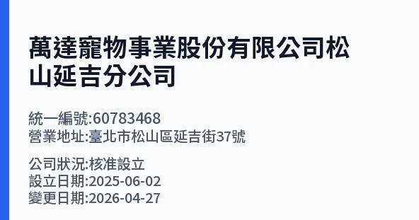 萬達寵物事業股份有限公司松山延吉分公司的照片-統編 60783468(臺北市) 公司登記資料與營業項目詳細圖表