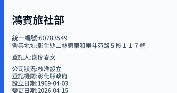 鴻賓旅社部的照片-統編 60783549(彰化縣) 公司登記資料與營業項目詳細圖表