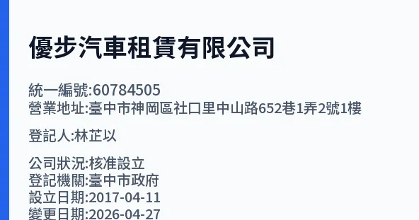 優步汽車租賃有限公司的照片-統編 60784505(臺中市) 公司登記資料與營業項目詳細圖表