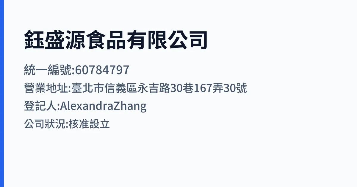 鈺盛源食品有限公司 - 統編 60784797(臺北市) 公司登記資料與營業項目詳細圖表