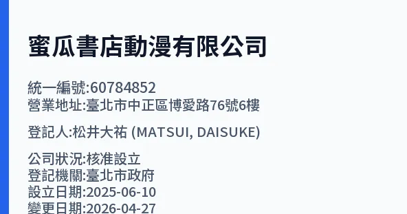 蜜瓜書店動漫有限公司的照片-統編 60784852(臺北市) 公司登記資料與營業項目詳細圖表