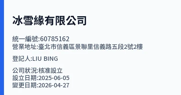 冰雪緣有限公司的照片-統編 60785162(臺北市) 公司登記資料與營業項目詳細圖表