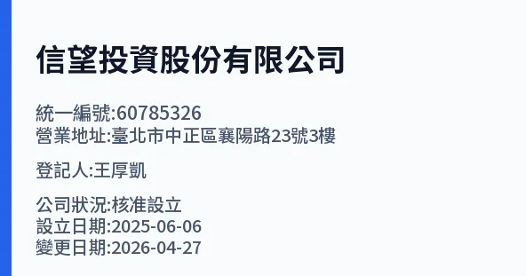 信望投資股份有限公司的照片-統編 60785326(臺北市) 公司登記資料與營業項目詳細圖表