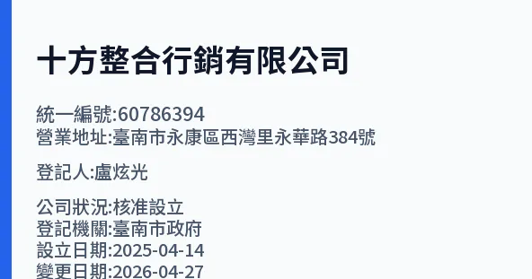 十方整合行銷有限公司的照片-統編 60786394(臺南市) 公司登記資料與營業項目詳細圖表