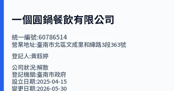 一個圓鍋餐飲有限公司的照片-統編 60786514(臺南市) 公司登記資料與營業項目詳細圖表