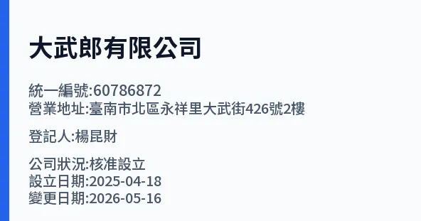 大武郎有限公司的照片-統編 60786872(臺南市) 公司登記資料與營業項目詳細圖表