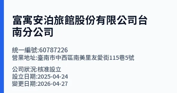 富寓安泊旅館股份有限公司台南分公司的照片-統編 60787226(臺南市) 公司登記資料與營業項目詳細圖表