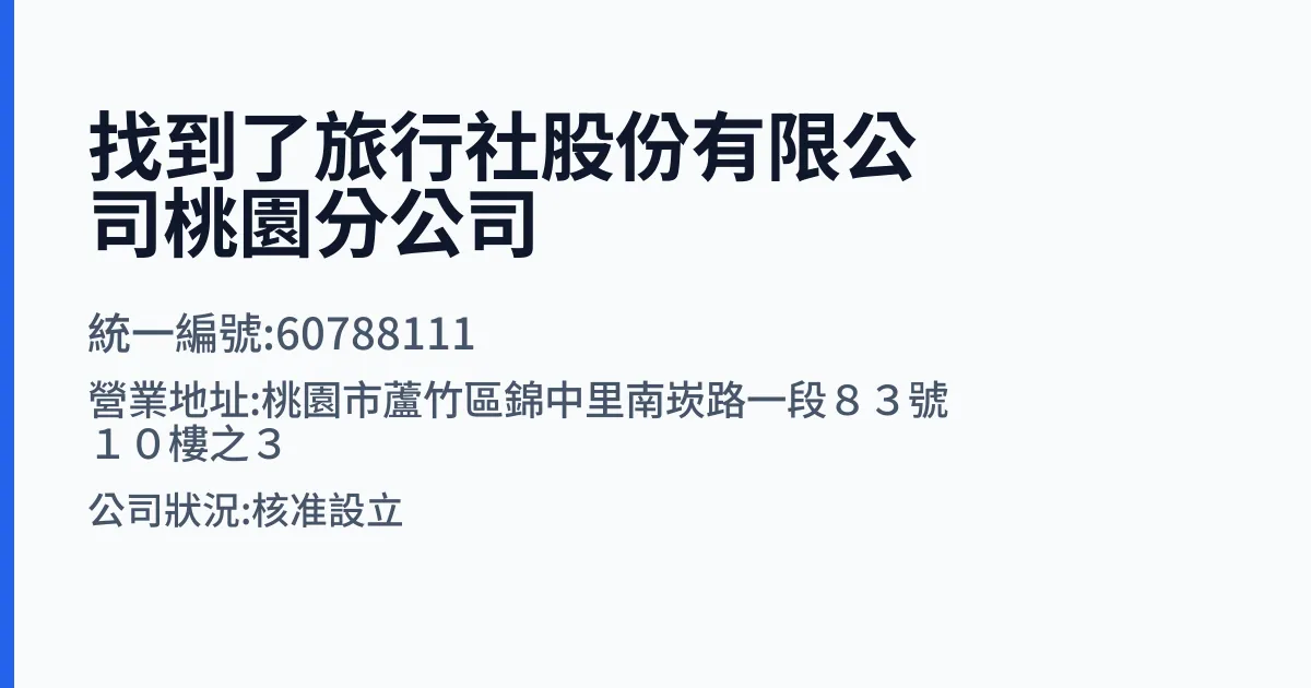 找到了旅行社股份有限公司桃園分公司 - 統編 60788111(桃園市) 公司登記資料與營業項目詳細圖表