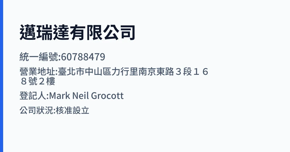 邁瑞達有限公司 - 統編 60788479(臺北市) 公司登記資料與營業項目詳細圖表