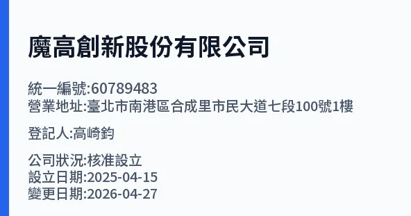 魔高創新股份有限公司的照片-統編 60789483(臺北市) 公司登記資料與營業項目詳細圖表