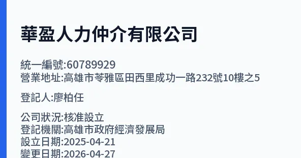 華盈人力仲介有限公司的照片-統編 60789929(高雄市) 公司登記資料與營業項目詳細圖表