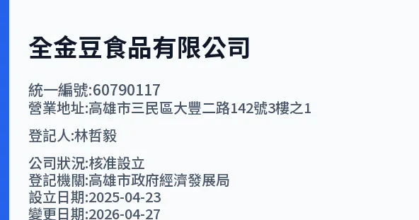 全金豆食品有限公司的照片-統編 60790117(高雄市) 公司登記資料與營業項目詳細圖表