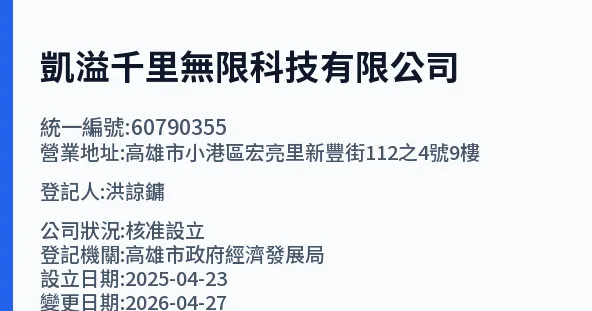 凱溢千里無限科技有限公司的照片-統編 60790355(高雄市) 公司登記資料與營業項目詳細圖表