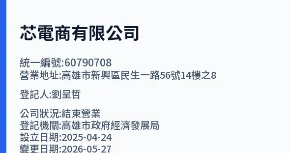 芯電商有限公司的照片-統編 60790708(高雄市) 公司登記資料與營業項目詳細圖表