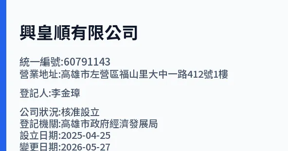 興皇順有限公司的照片-統編 60791143(高雄市) 公司登記資料與營業項目詳細圖表